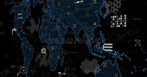 Animation Overlaying World Map With Digital Data Icons And Hexagonal Patterns Stock Video