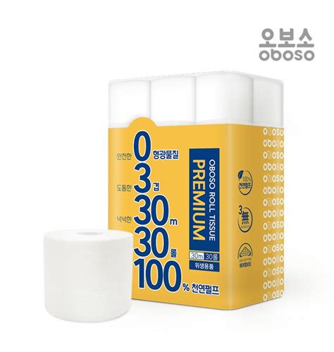 오보소 프리미엄 화장지 무형광 천연펄프 3겹 30m 30롤 티몬