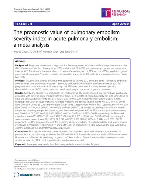 Pdf The Prognostic Value Of Pulmonary Embolism Severity Index In