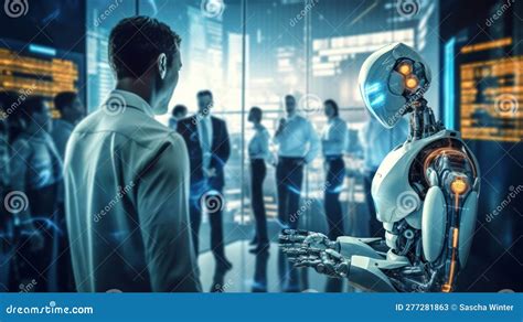 Human Ai Interaction In A Busy Office Environment Generative Ai Stock Illustration