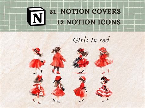 Girls In Red Notion Icons ｜pastel Grid Notion Covers For Notion Art Hub