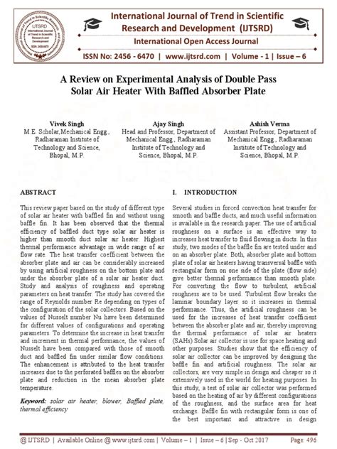 A Review On Experimental Analysis Of Double Pass Solar Air Heater With Baffled Absorber Plate
