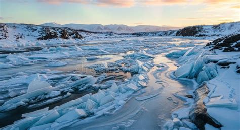 Arctic Landscape With Frozen River And Ice Floes Surrounded By Snow