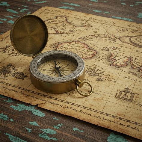 A Vintage Brass Compass Rests Open On An Aged Parchment Like World Map