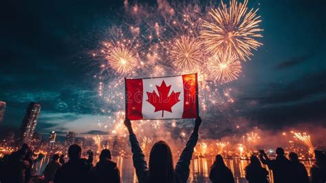Celebrating Canada Day Silhouette Of People With Canadian Flag And