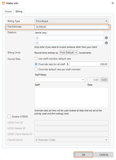 Set Fee Estimate On A Matter Evolvego