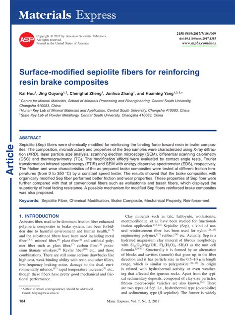 Pdf Surface Modified Sepiolite Fibers For Reinforcing Resin Brake Composites