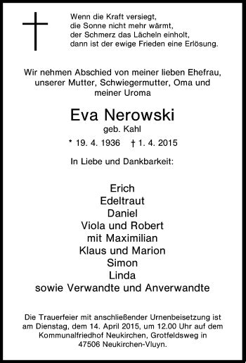 Traueranzeigen Von Eva Nerowski Trauer In Nrwde