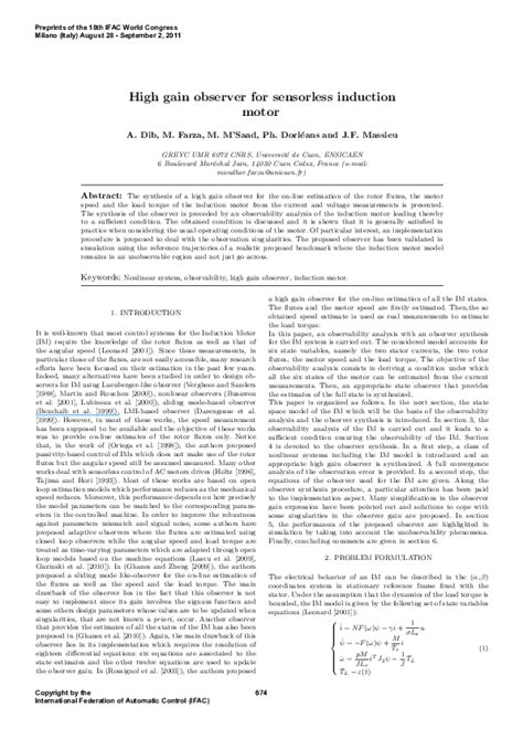 Pdf High Gain Observer For Sensorless Induction Motor