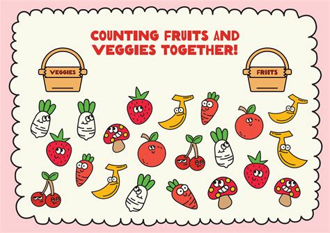 Flat Design Vector Count Math Fruit And Vegetable Printable Worksheet