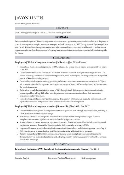 Wealth Management Associate Resume Cv Example And Writing Guide