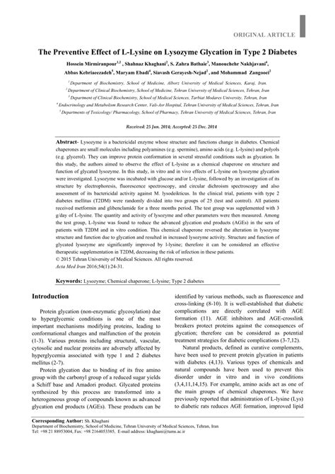 Pdf The Preventive Effect Of L Lysine On Lysozyme Glycation In Type 2
