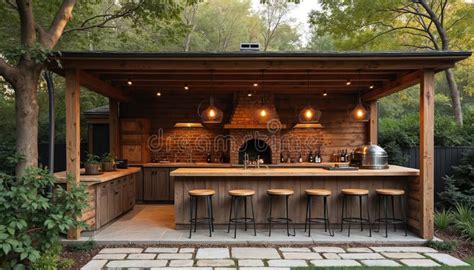 Outdoor Kitchen With Brick Pizza Oven And Bar Seating Wooden Structure