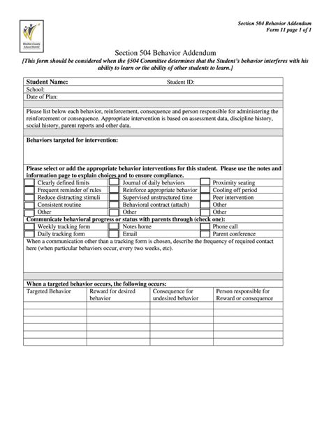 Fillable Online Section 504 Behavior Addendum Wcsd Counseling Fax