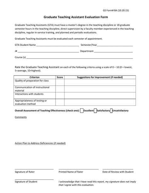 Gta Evaluation Form Teaching Assistant Assessment