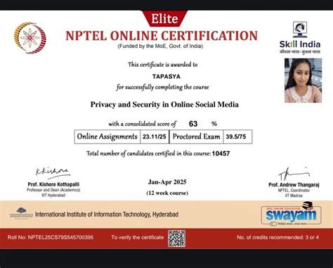Nptel Onlinelearning Cybersecurity Privacy Socialmedia Certificate Tapasya Dhiman