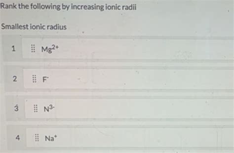 Solved Rank The Following By Increasing Ionic Radii Smallest Ionic