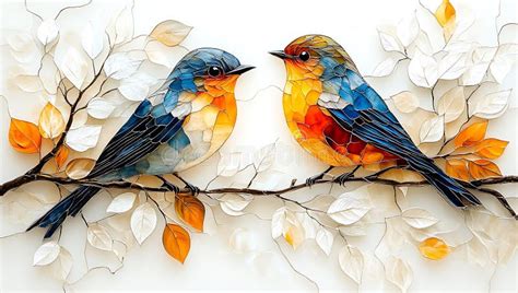 Stunning Birds On Branch Colorful Mosaic Art Nature Wall Decor Stock