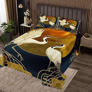 Japanese Crane Bedspread King Size Gold Sun Cloud Stripes