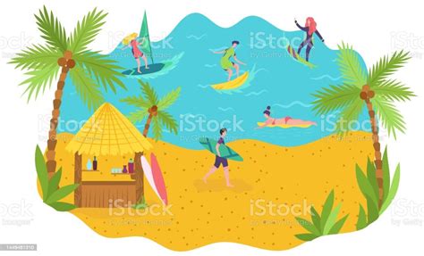 서퍼 에 바다 해변 즐길 여름 휴가 사람들 활성 레저 벡터 일러스트 나무에 대한 스톡 벡터 아트 및 기타 이미지 나무 남자