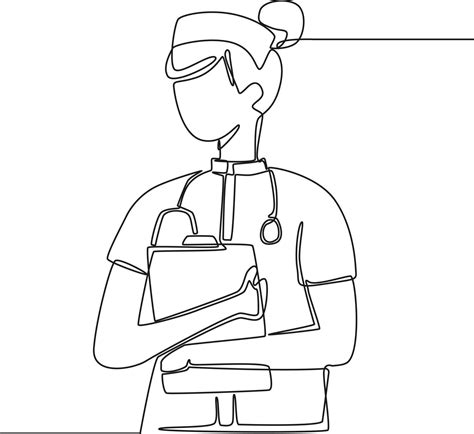 Continuous One Line Drawing Nurse Carry A Stethoscope On Her Shoulder