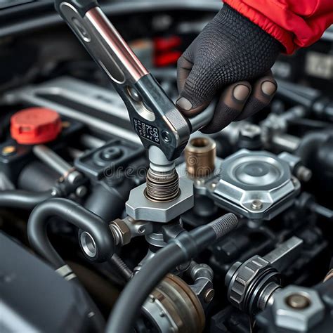 A Mechanic Using a Ratchet Torque Wrench To Tighten Bolts on a Car Engine with the Focus on the ...