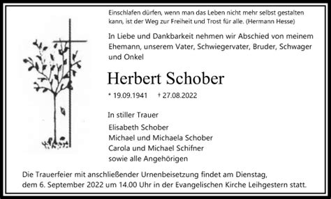 Traueranzeigen Von Herbert Schober Mittelhessen Gedenkt De