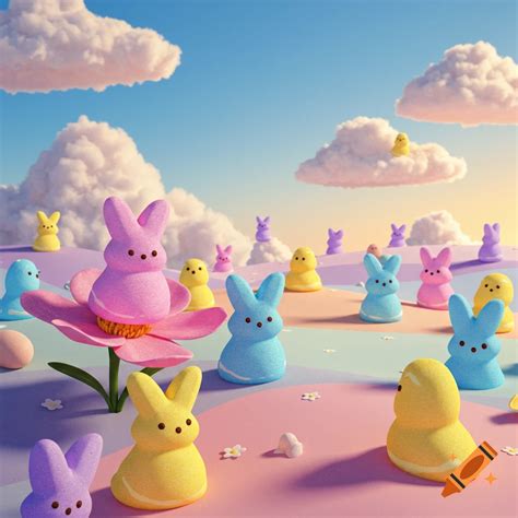 Colorful Marshmallow Peeps Candies Standing In A Field With Clouds And
