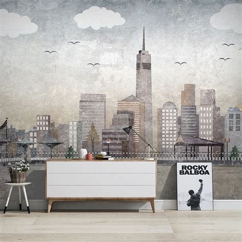 Abstract Retro City Scape Wallpaper Mural Custom Sizes Available
