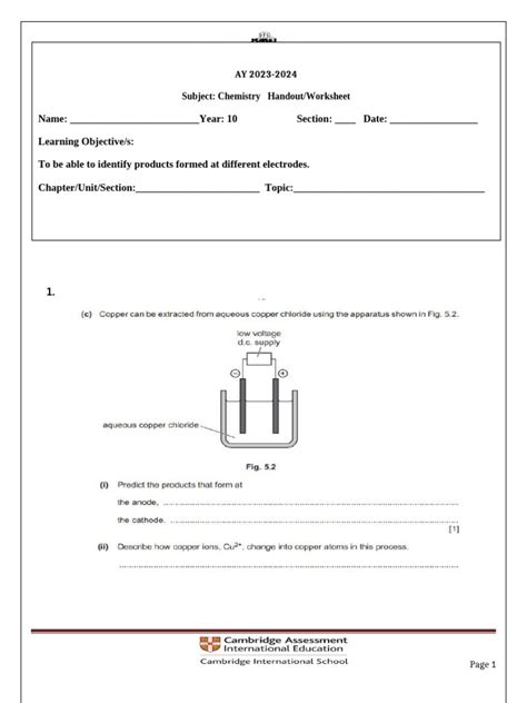 Electrolysis Products Worksheet For Year 10 Pdf