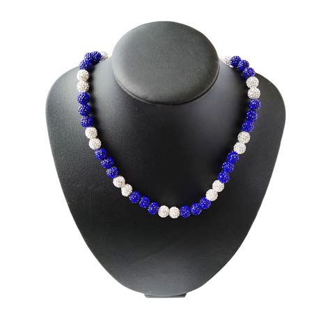 Custom Blue White Beaded Rhinestone Rally Necklace Baseball Softball
