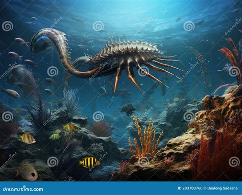 Creatures Of The Cambrian Period Underwater Scene With Anomalocaris