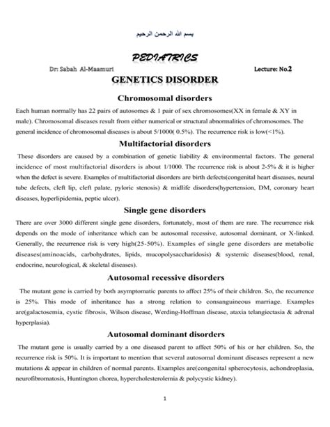 Chromosomal Disorders Multifactorial Disorders Single Gene