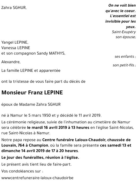 Avis De Décès De Franz Lepine Décédé Le 11042019 à Namur Annonce Condoléances Fleurs Etc