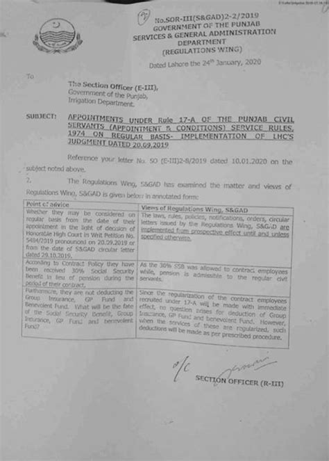 Implementation Lahore High Court Judgment Regarding Regularization