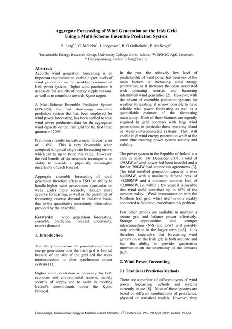 Pdf Aggregate Forecasting Of Wind Generation On The Irish Grid Using