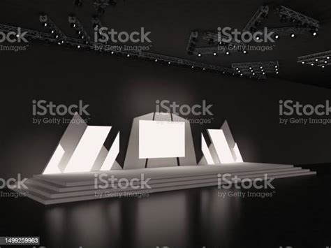 계단 투시도가 있는 미래 지향적인 빈 무대 디자인 프로젝션용 Led 스크린 및 천장 스포트라이트 시스템 맞춤형 디자인 홀의