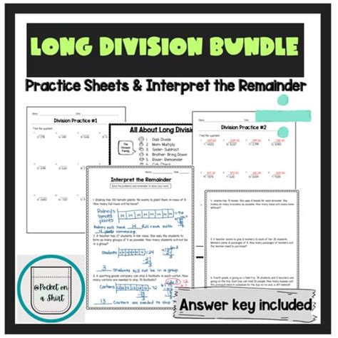 long division algorithm and word problem bundle by pocket on a shirt