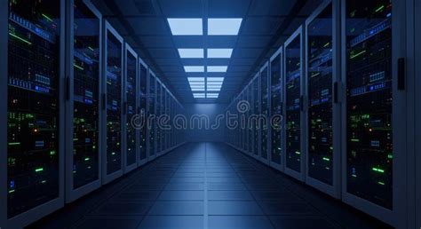 Working Data Center Filled With Rack Servers And Supercomputers Modern Telecommunications