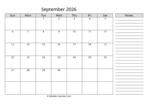 Download September 2026 Calendar With Notes Weeks Start On Sunday