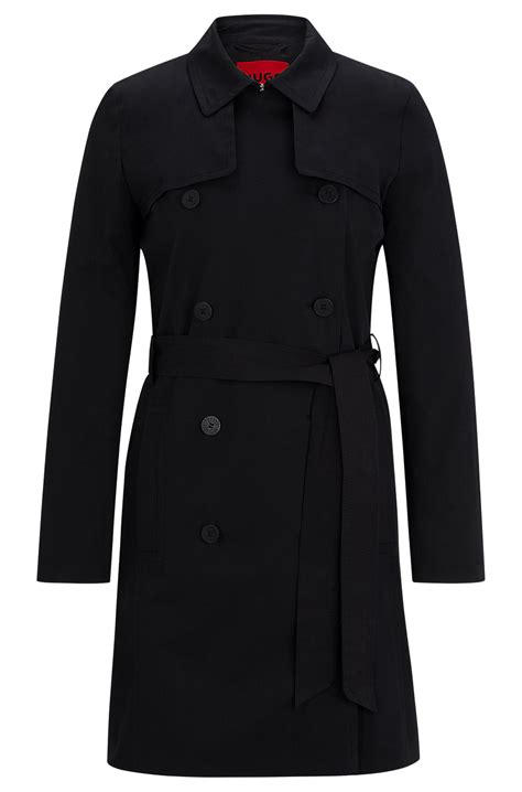 Hugo Belted Trench Coat In Stretch Cotton Black