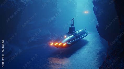 an autonomous submarine navigating through a deep sea canyon equipped