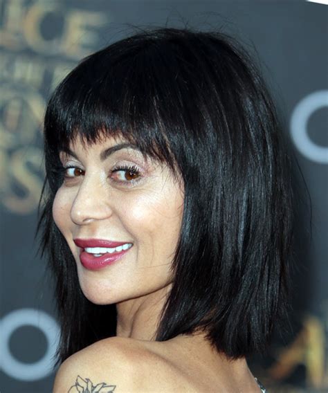 Catherine Bell Medium Straight Black Bob Haircut With Razor Cut Bangs