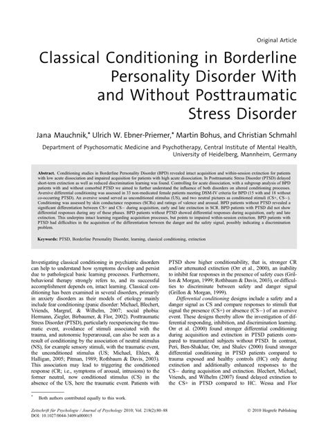 Pdf Classical Conditioning In Borderline Personality Disorder With