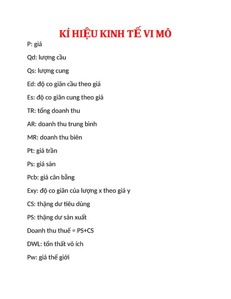 KÍ HiỆu Kinh TẾ Vi MÔ Tham Khảo KÍ HiỆ U Kinh T Ếvi MÔ P Giá Qd