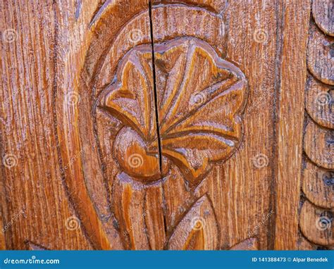Detailed Hand Carved Flower On Traditional Hungarian Oak Wood Gate
