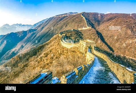Great Wall China Wide Angle Landscape View Of The Snow Covered Great