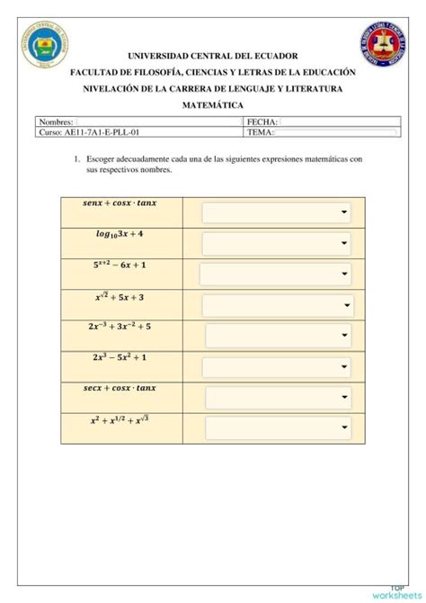 Expresiones Algebraicas Ficha Interactiva Topworksheets