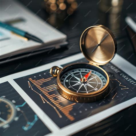 Design A Sleek Modern Compass Placed On An Office Desk Symbolizing