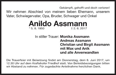 Traueranzeigen Von Anildo Assmann Trauernnde